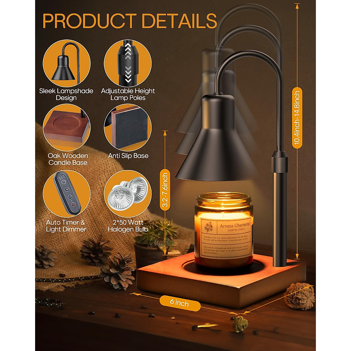 PRIORARE Candle Warmer Lamp with 2 x 50W Bulbs, 4-Gear Dimmer Electric Candle Warmer Oak Base, 2H/4H/8H Timer Candle Lamp, Scented Jar Candles Heater