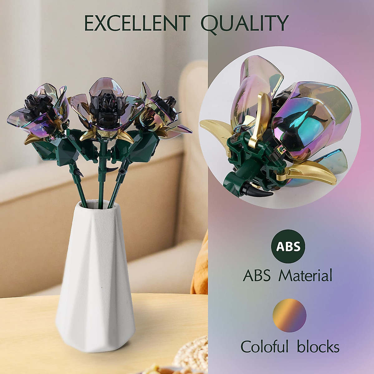 KIYOJIN Rose Flower Bouquet Building Set,Botanical Collection Rainbow Artificial Plant Compatible with Lego Gift for Adult Home Decor(Black 120pcs)