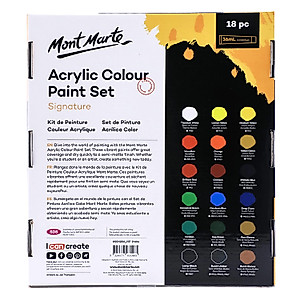 Mont Marte Studio Acrylic Paint Set, 18 Piece, 36ml Tubes. Lightfast Colours with Great Coverage, Ideal for Canvas, Wood, Fabric, Leather, Cardboard, Paper, MDF and Crafts.