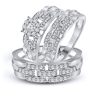 Elmas 3/4ct Round White CZ Cubic Zirconia 925 Sterling Silver Trio Wedding Engagement Bridal Ring Set for Him and Her