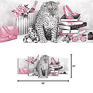 Kaloremore Black White Pink Fashion Leopard Canvas Wall Art Prints Glam High Heel Shoes Books Poster Giclee Prints Picture for Woman Bedroom Girl Gift Makeup Room Decoration