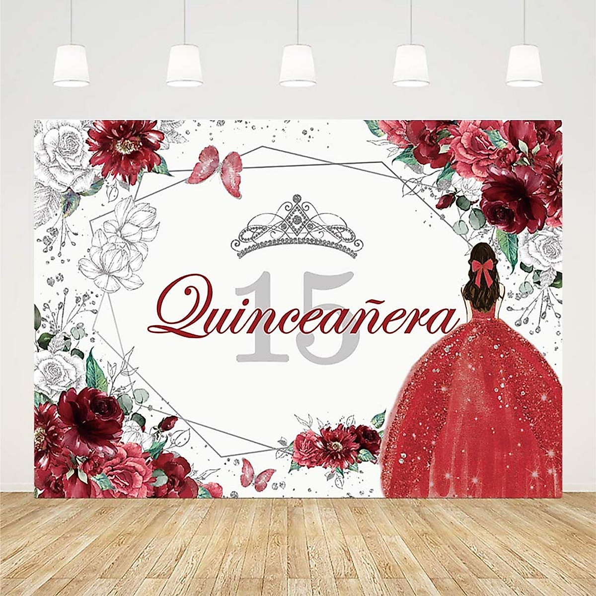 Sendy 10x7ft Quinceanera 15th Birthday Backdrop for Sweet Girl Mis Quince Anos 15th Birthday Party Decorations Red Silver Glitter Floral Crown Butterfly Banner Photography Background Cake Table Props