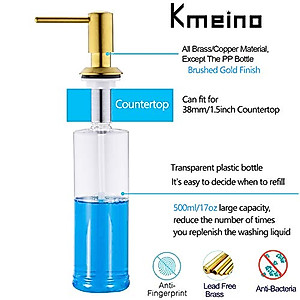 KMEINO Gold Soap Dispenser, Built in Undermount Soap Dispenser Brass Commercial, Brushed Gold Metal Pump Head Liquid Lotion Kitchen Countertop Soap Dispenser with 500ml PP Bottle