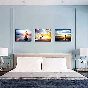 Biuteawal - 3 Pieces Seascape Painting Girl Do Yoga on the Beach Picture Print on Canvas Peaceful Wall Art for Yoga Room Home Bedroom Bathroom Wall Decoration Stretched and Framed