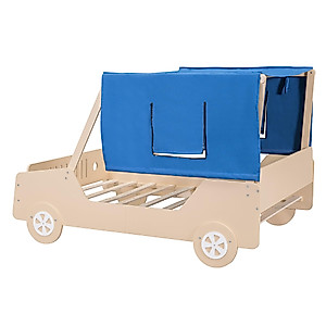Harper & Bright Designs Twin Size Car Bed with Tents, Wooden Twin Platform Bed, Twin Car Bed Frame with Wheels for Kids, Boys & Girls, No Box Spring Needed, Natural