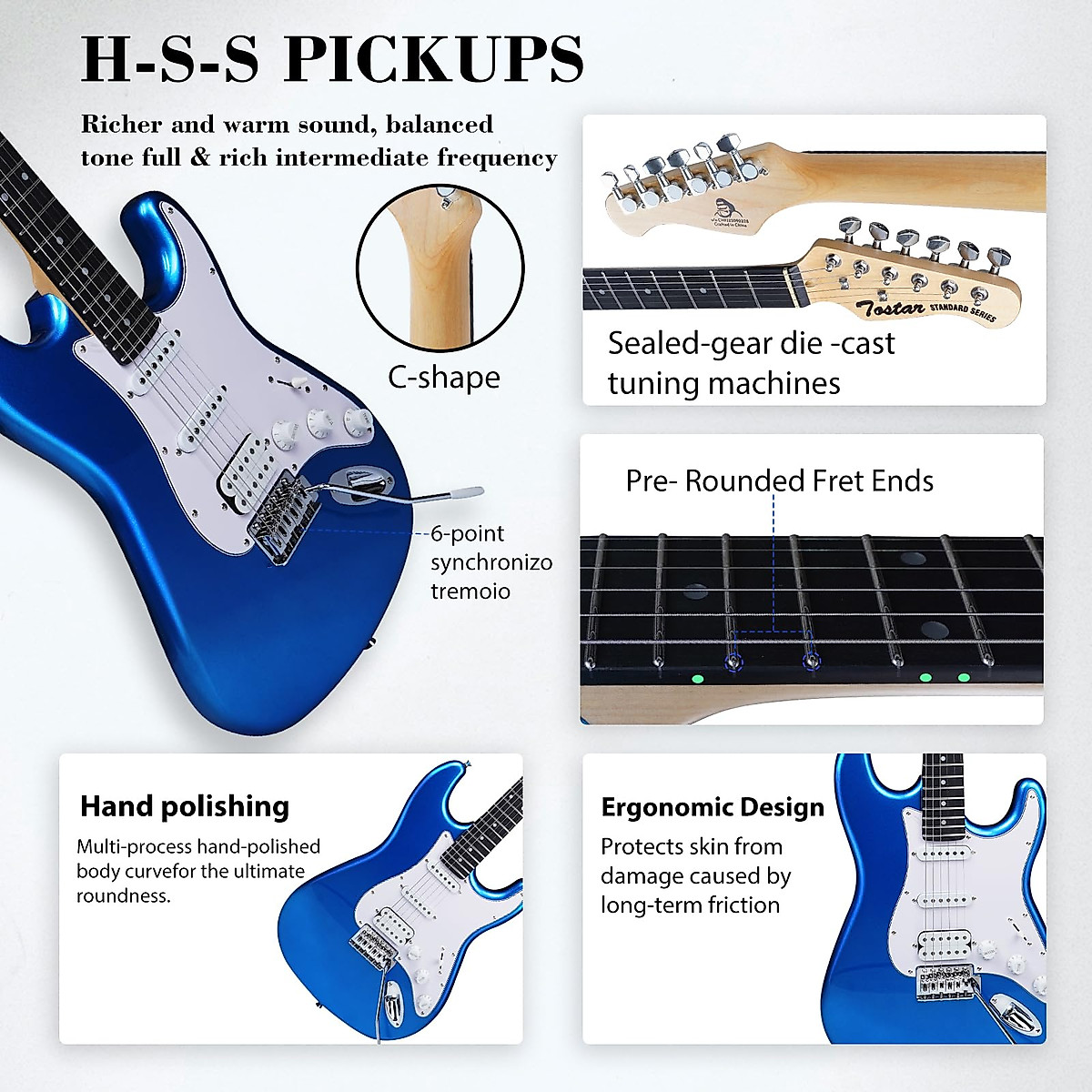 TOSTAR Electric Guitar Kit, 39 Inch Solid Wood Right Hand Guitar Electric for Beginners with Amp, HSS Pick Up, Poplar Body, Hand Polished(Lake Placid Blue)