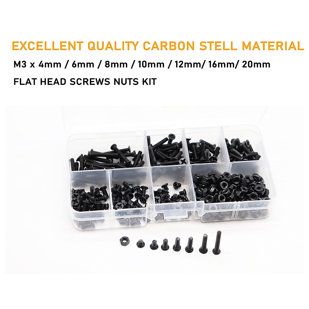 binifiMux M3 Screws Kit, M3 Flat Head Machine Screws, 360pcs (7 Sizes) M3-0.5mm Black Countersunk Flat Head Phillips Machine Screws and Hex Nuts Kit for 3D Printer Robot Project Toys RC Models