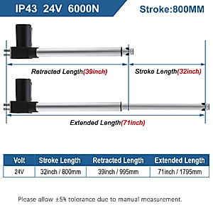 JQDML 32 Inch 32" Long Stroke Linear Actuator 24V 1320lbs/6000N Heavy Duty Speed 0.2"/sec Electric Actuator with Mounting Brackets for Massage Bed, Table Lift, Window Opener,Door Opener