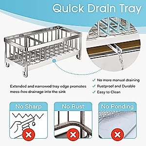 Sponge Holder for Kitchen Sink, Sink Caddy, Rustproof 304 Stainless Steel Dish Sponge Organizer with Divider, Soap Dish Dispenser Brush Holder Storage, Silver
