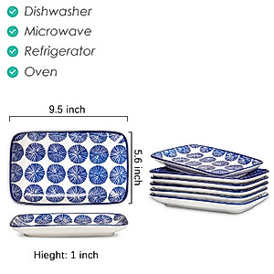 Selamica Ceramic 9.5 Inch Large Rectangular Salad Plates, Dinner Plates, Pasta Dessert Plates Serving Platters and Trays for Appetizer, Sushi, Fruit, Set of 6, Vintage Blue