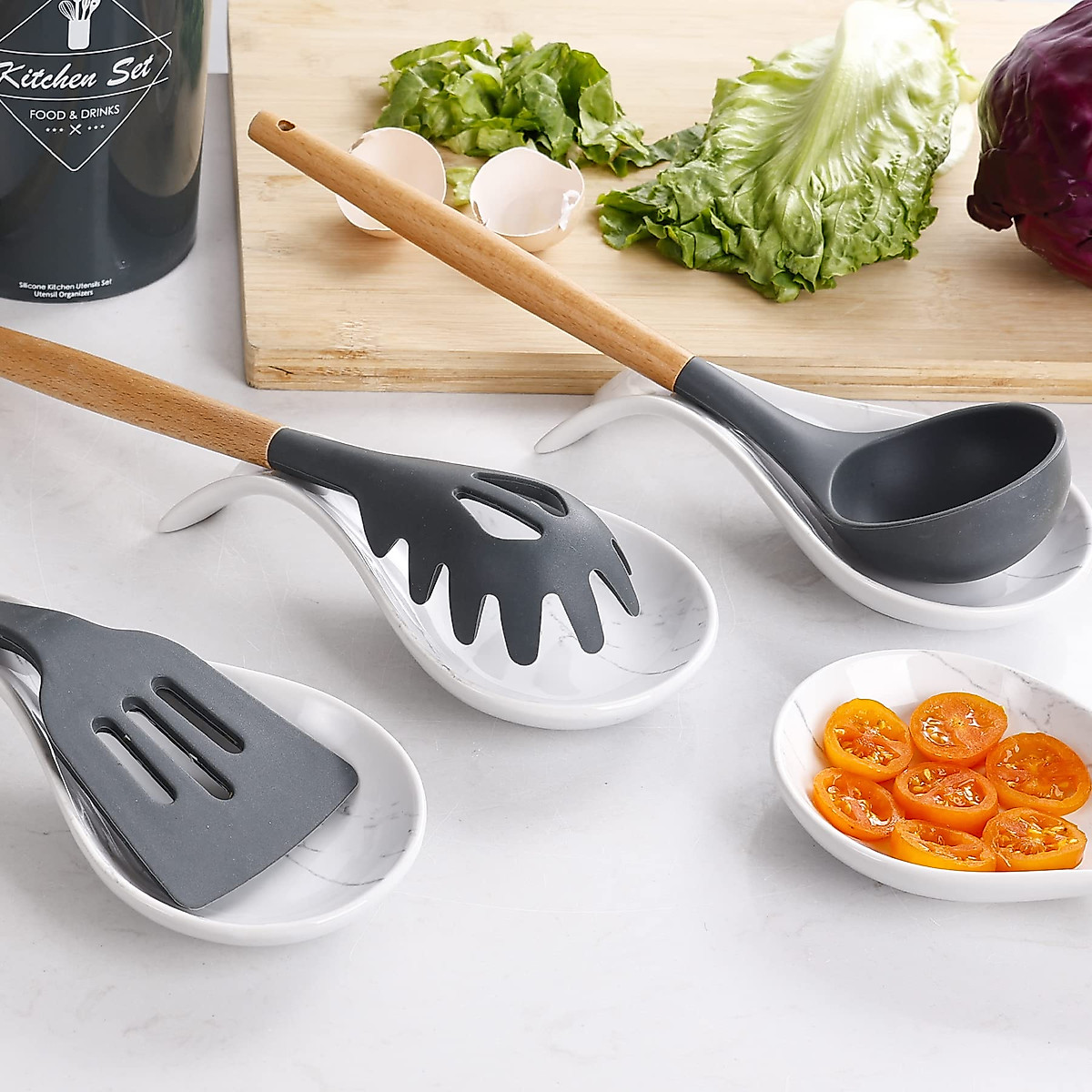 Spoon Rest for Stove Top, Ceramic Spoon Holder, Spoon Rest for Kitchen Counter, White Marble Coffee Spoon Rest, Heat-Resistant Cooking Utensil Rest for Ladles, Spatula, Tong, ANTIS'S HOME