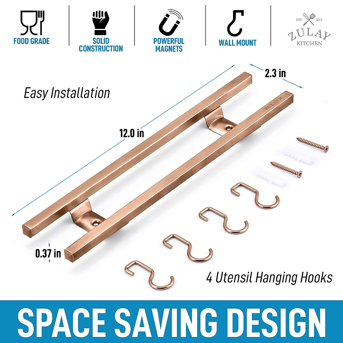 Zulay (12 Inch) Stainless Steel Magnetic Knife Holder For Wall - Powerful Knife Magnetic Strip With Extra Hanging Hooks - Wall Mount Magnetic Knife Strip & Organizer For Kitchen & Tools (Copper)