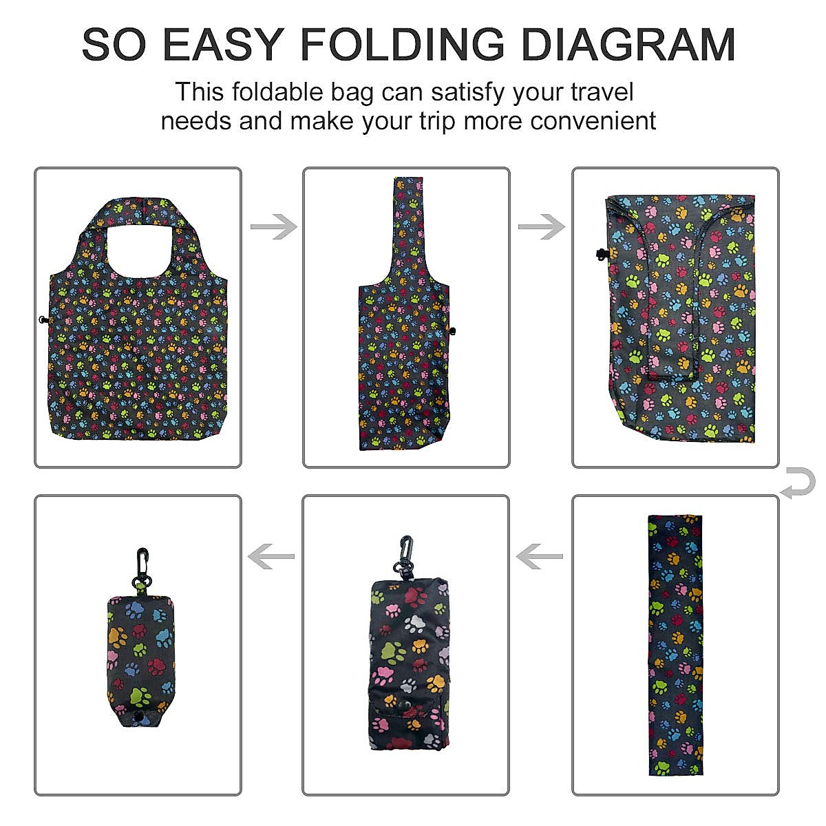 HOLYLUCK set of 3 Reusable Grocery Bags,Heavy Duty Foldable Shopping Bag -Dog Paw Prints