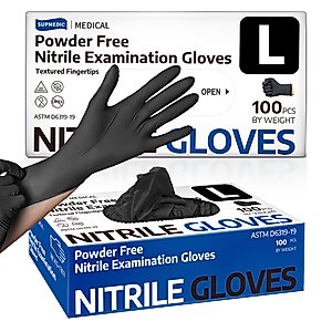 Supmedic Disposable Nitrile Gloves, Chemical Resistant, Powder-Free, Latex-Free, Food Safe, Medical Exam Gloves, Black, Large, 100 Pcs