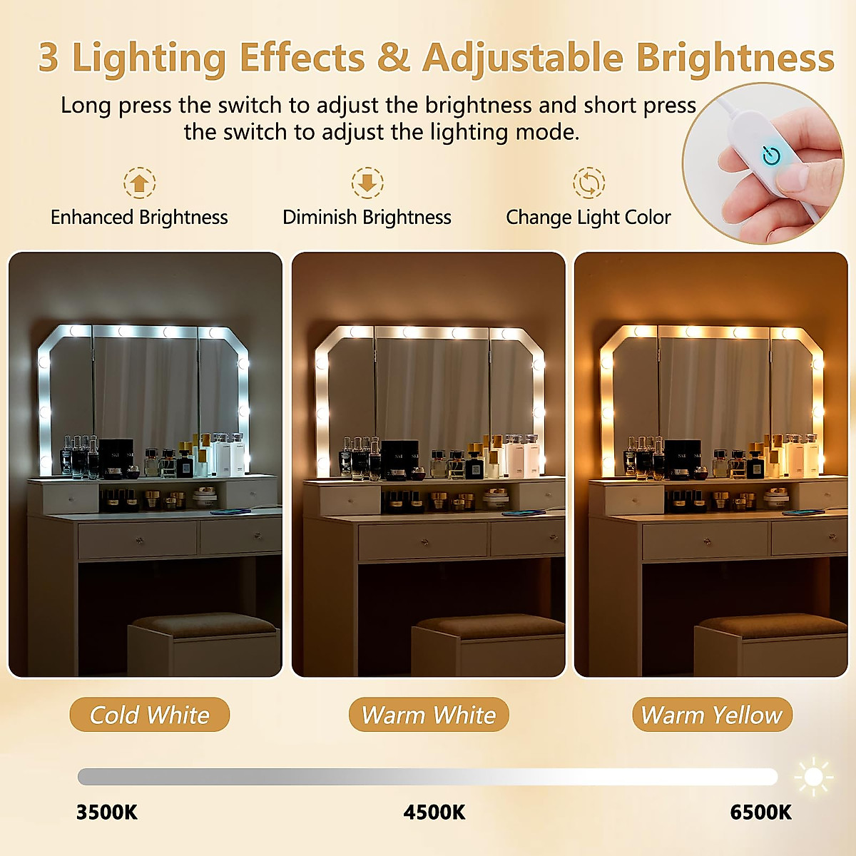 Quimoo Vanity Desk Set with LED Tri-Fold Lighted Mirror & Power Outlet, Makeup Vanity Table with 4 Drawers, Cushioned Stool, for Bedroom, Bathroom, White