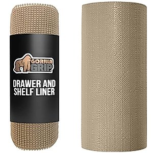 Gorilla Grip Drawer Liner and Smooth Drawer Liner, Shelf Liner Size 12x10, Bathroom Storage Shelves, Smooth Liner Size 17.5x20, Non Adhesive, Both in Beige, 2 Item Bundle