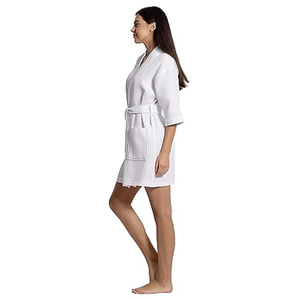 Chakir Turkish Linens Lightweight - Quick Dry Waffle Knit Bath, Spa and Bridesmaids Kimono Short Robe (White, One Size)