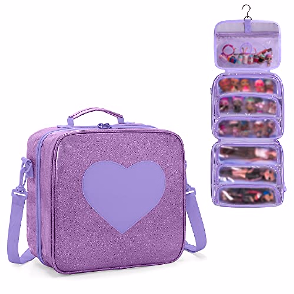 LoDrid Doll Carrying Case Compatible with LOL Surprise OMG, Display Organizer Compatible with Big Sister 3-inch Dolls with a Hanging Hook and 7 Clear Zipper Pockets, Bag Only, Purple(Patent Design)