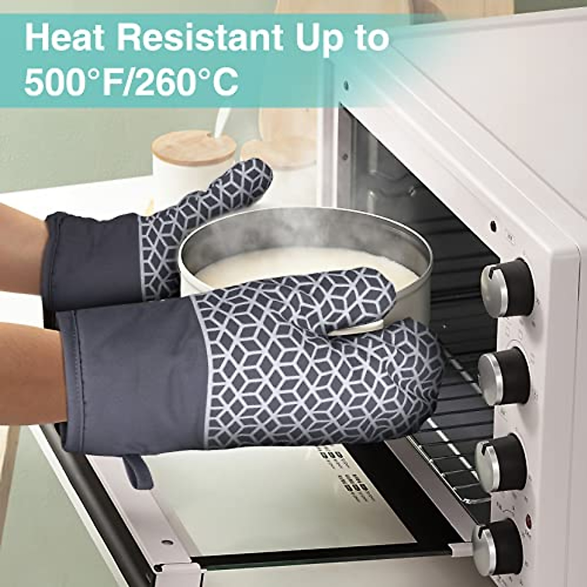 Oven Mitts and Pot Holders, Hmtruly Extra Long Oven Gloves, 500℉ Heat Resistant Oven Mitts with Non-Slip Silicone Pattern, Oven Hot Pads Pot Holders for BBQ Kitchen Baking Cooking (6-Piece Set, Grey)