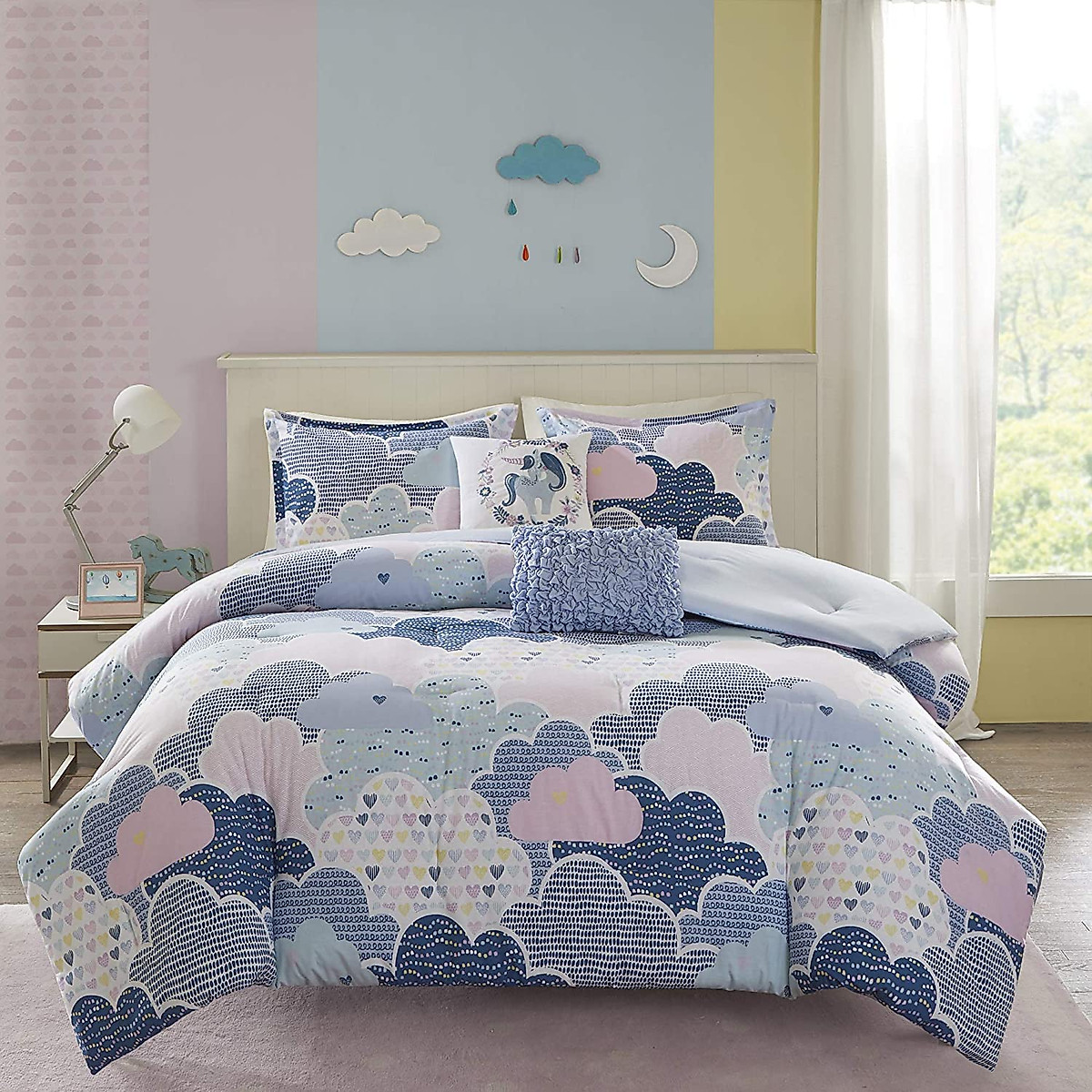 Urban Habitat Kids Duvet Set Vibrant Fun and Playful Print All Season Comforter Cover Matching Shams, Decorative Pillow, Children Bedding, Bedroom Décor, Full/Queen, Cloud Blue 5 Piece