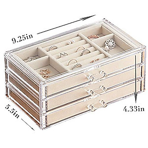 HerFav Acrylic Jewelry Organizer Box with 3 Drawers, Clear Jewelry Boxes for Women Earring Rings Bangle Bracelet and Necklace Holder Storage Velvet Jewelry Display Case