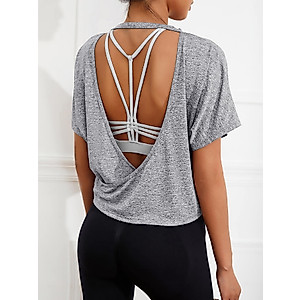 COZYEASE Women's Backless Short Sleeve Sports Tee Round Neck Solid Casual Yoga Workout Tee Tops Grey M-CEZWJ1215 -CEHYN20240923