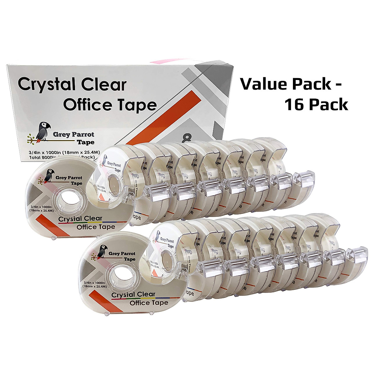 Greyparrot Office Tape Clear Refill Rolls + Dispenser(16 Pack),(3/4” X 1000in/pack). for Craft Jobs, Gift Wrapping, Office Work Clear(Transparent) Glossy Finish, Refillable (16000 inch/Total)