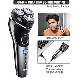 POVOS Electric Razor for Men, Quick Rechargeable Wet and Dry IPX7 Waterproof Electric Shaver,Men’s 3D Rotary Shaving Razor with Pop-up Beard Trimmer,LCD Display, Replacement Blades, and Travel Case