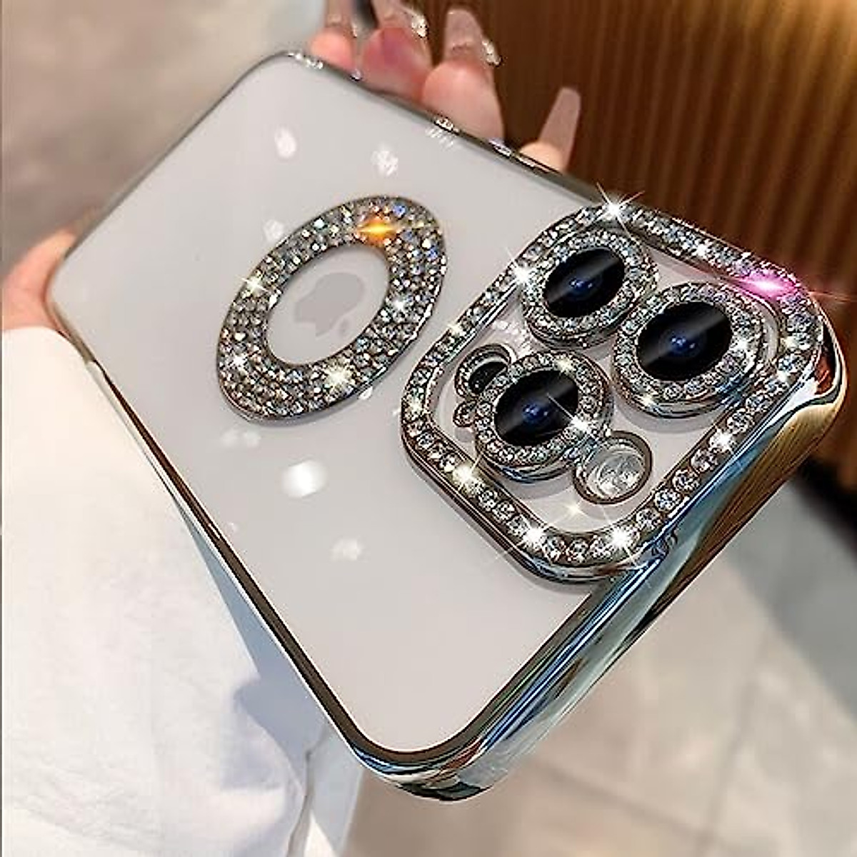 Changjia for iPhone 13 Pro Max Clear Glitter Case,Cute Bling Sparkle Shiny with Rhinestones Diamond Camera Protection Logo View Soft Plating Bumper Women Girls Case for iPhone 13 Pro Max 6.7" (Silver)