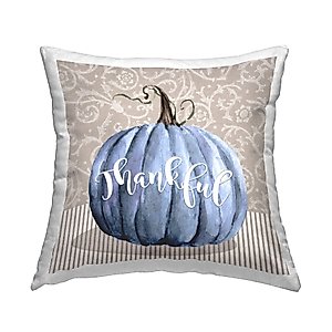 Stupell Industries Blue Pumpkin Autumn Thankful Calligraphy Pattern Design by Livi + Fin Throw Pillow, 18 x 18