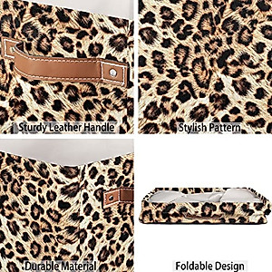 Leopard Wlidlife Print Striped Cube Storage Bins 13 x 13 x 13 inch, Leopard Animals Print Fabric Organizer Bins Basket Boxes with PU Leather Handles Foldable Storage Cube for Clothes Bedroom Closet Shelves