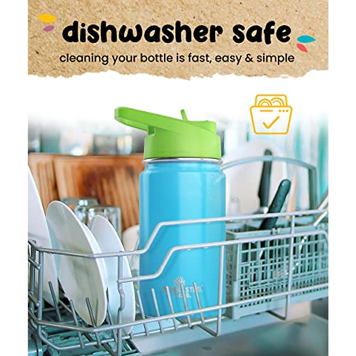 Kids Water Bottle - 12oz Blue | Leak Proof With Straw & Handle | 24 Hours Cold | Insulated, Double Wall Stainless Steel | Easy Sip Toddler Cup | Child's Flask | Eco Friendly