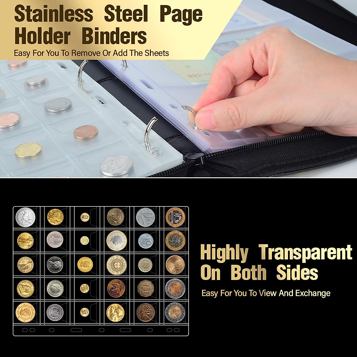 Silph PLC Coin Collection Book Holder for Collectors, Coin Album Binder Storage Box Case for Money Currency Collection Supplies - [300 Coins Pockets+30 Bills Pockets]