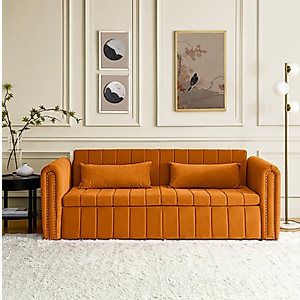 DEINPPA Sleeper Sofa Bed with Storage, Pull Out Sofa Bed with Nailhead Tirm Embellishment, Convertible Futon Bed for Living Room Bedroom Guestroom Lounge, Velvet Fabric-Orange