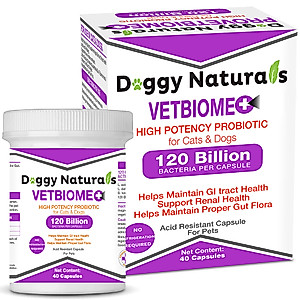 Vetbiome + High Potency Probiotics for Pets (40 Capsules) Made in U.S.A - NO Refrigeration Required !! (40 Caps (1 Pack))