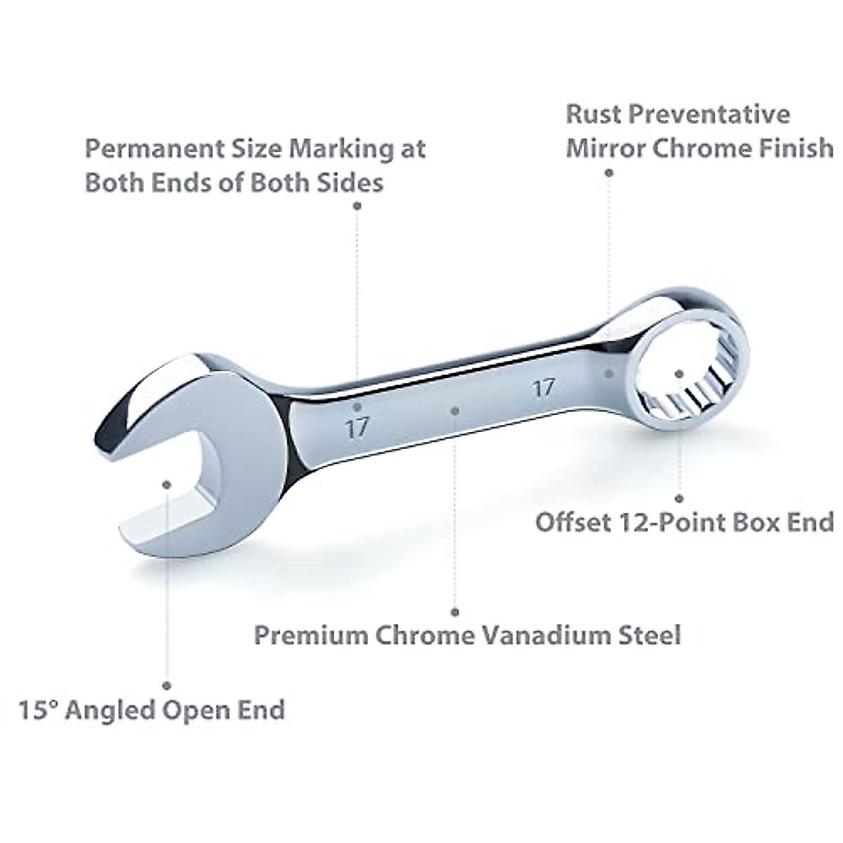 Premium Stubby Combination Wrench Set with Roll-up Pouch, 12-Piece, Metric, 8mm to 19mm, No Skipped Size | Cr-V Steel, Mirror Polished Finish | Short Length and Slim Body, Perfect for Confined Areas