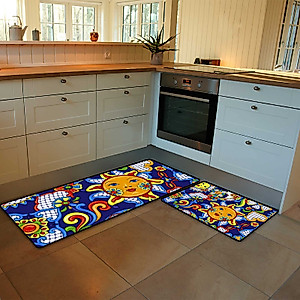 Kuizee Kitchen Mat Set of 2 Pieces Anti Fatigue Rugs Mexican Talavera Sun Traditional Decorative Soft Water Absorbent Non-Slip Standing Mats Kitchen Decor Floor,17.7"x 29" +17.7"x58"