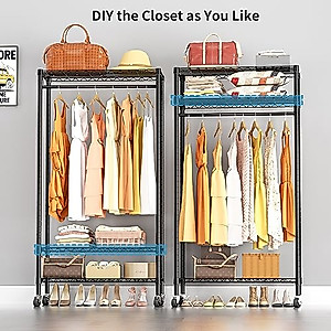 Golpart Rolling Clothes Rack Portable Garment Racks for Hanging Clothes, Freestanding Clothing Racks Closet with Adjustable Shelve & Wheel, Heavy Duty Metal Wardrobe Bedroom Laundry-room, Black