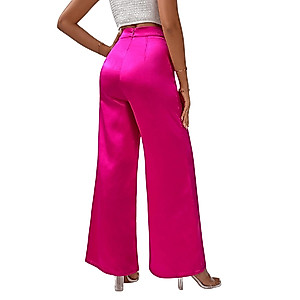 WDIRARA Women's Wide Leg High Waisted Zip Fly Flowy Loose Pants Elegant Party Pants Hot Pink S
