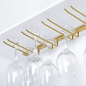 Under Cabinet Wine Glass Rack,Stemware Rack Holds up to 8 Wine Glass,Hanging Wine Glass Holder,Metal Wine Glass Hanger,Glasses Organizer for Home Bar Kitchen(Gold)