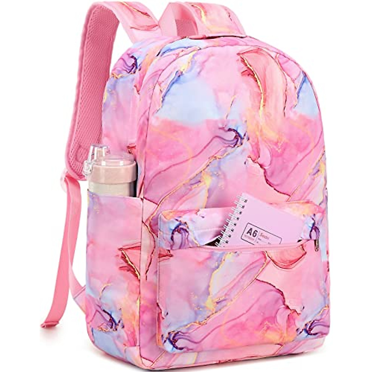 School Backpack for Teen Girls Bookbags Elementary High School Marble Laptop Bags Women Travel Daypacks (Marble Pink)