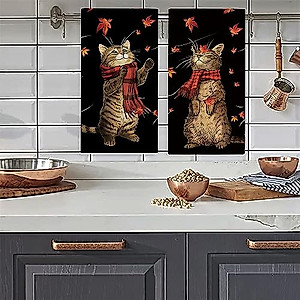 GAGEC Fall Kitchen Towels Cat Maple Leaf Fall Dish Towels Set of 2, Autumn Holiday Tea Towel 18 x 26 Inch Hand Drying Cloth Towel for Kitchen Home Decoration
