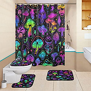 4PCS Bright Psychedelic Mushrooms Shower Curtain Set with Non-Slip Rugs, Toilet Lid Cover and Bath U-Shaped Mat, Bathroom Decor Set Accessories Waterproof Shower Curtain Sets with 12 Hooks