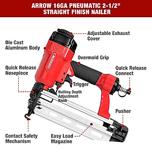Arrow Pneumatic 16 Gauge Finish Nailer with 1000 Pcs Nails, 16 GA Professional Straight Nail Gun Kit, Oil-free Design, Depth Adjustable, Dryfire-lockout, Fits 1-1/4-Inch to 2-1/2-Inch Finish Nails