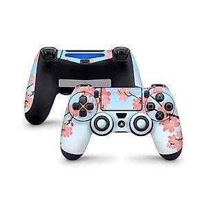 ZOOMHITSKINS Compatible with PS4 Controller Skin, Blue Delicate Sweet Cherries Bloom Pink Sakura, Durable, 3M Vinyl, Made in The USA
