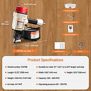 meite CN70B Pneumatic Coil Siding Nailer 1-3/4-Inch to 2-3/4-Inch Industrial Coil Framing Nailer