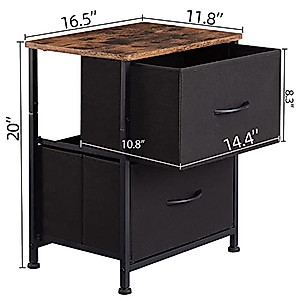 Somdot Nightstand with 2 Drawers, Bedside Table Small Dresser with Removable Fabric Bins for Bedroom Nursery Closet Living Room - Sturdy Steel Frame, Wood Top, Pull Handle - Black/Rustic Brown