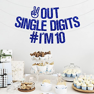 Out Single Digits I'm 10 Banner, Double Digits 10, Happy 10th Birthday Decorations for Boys, 10th Birthday Party Decoration Supplies Blue Glitter