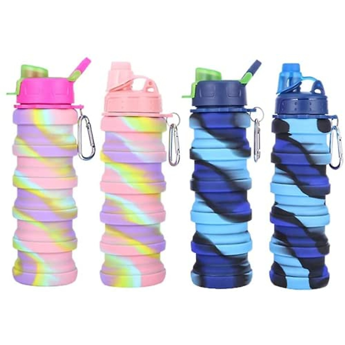 WATMHHJQ Silicone Collapsible Water Bottles, 16oz 500ml Portable Foldable Expandable Water Bottle Sports Cups with Carabiner, Leak Proof Reusable BPA Free, for Outdoor Activities Travel(2# Pink)