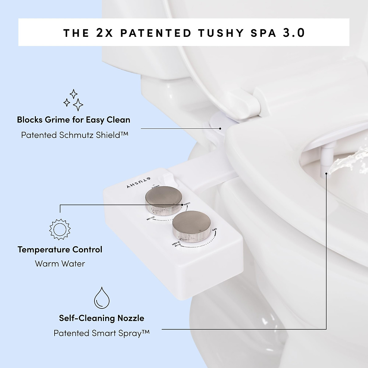 Tushy Spa Warm Water Bidet Attachment. Universal Toilet Fit, Easy DIY Install (Requires Sink Access for Temperature Control) Self Cleaning Sprayer, Adjustable Pressure & Angle Control, (Platinum Knob)